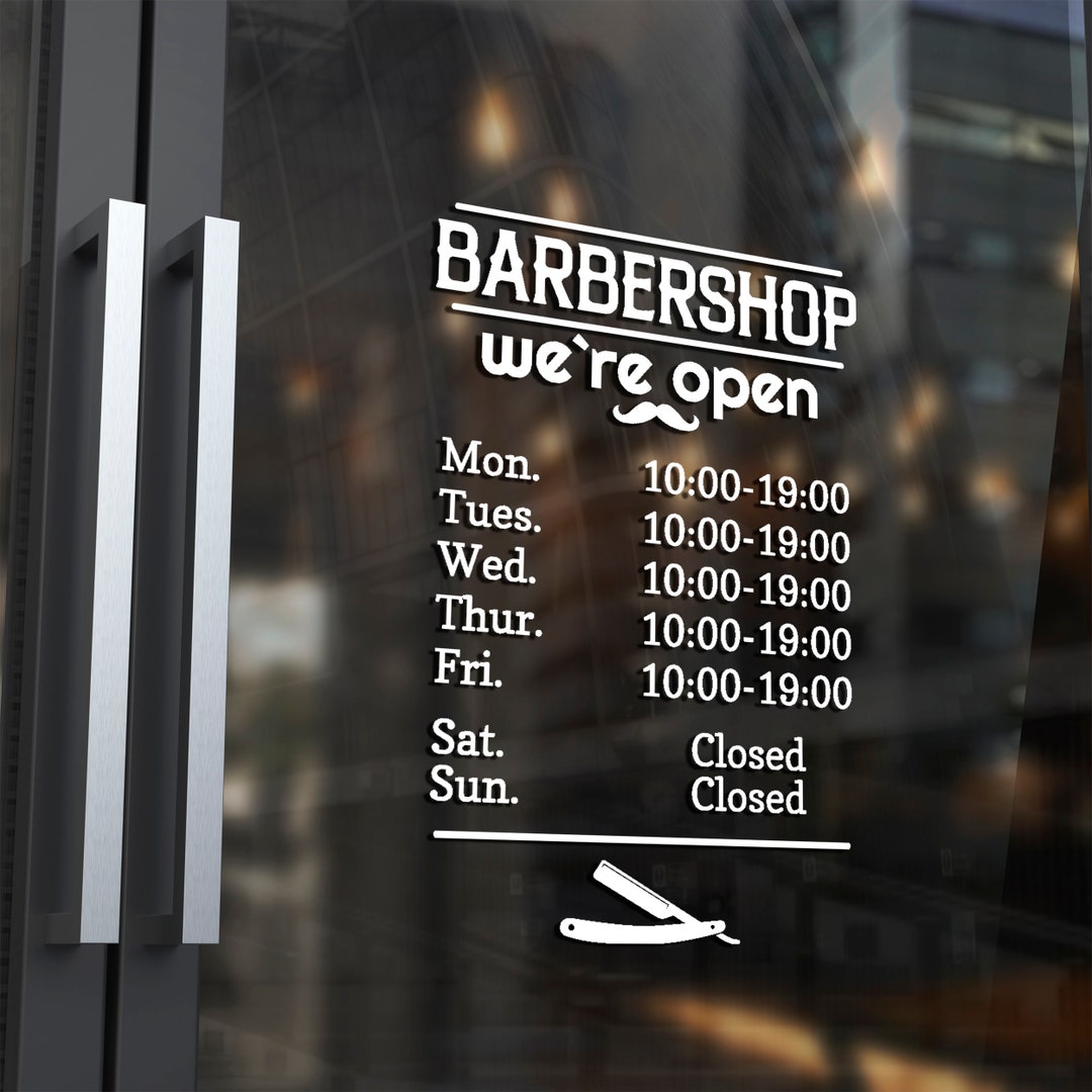 Personalized Barbershop Open Times Sign Vinyl Decal - Business Hours ...