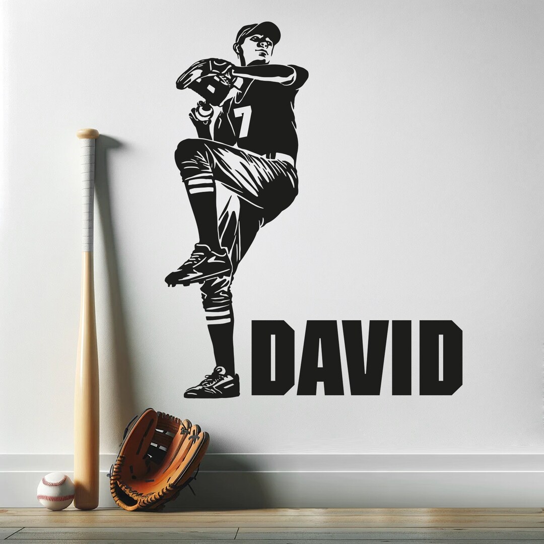 Baseball Name Wall Decal Baseball Player Decal for Bous Room Custom ...