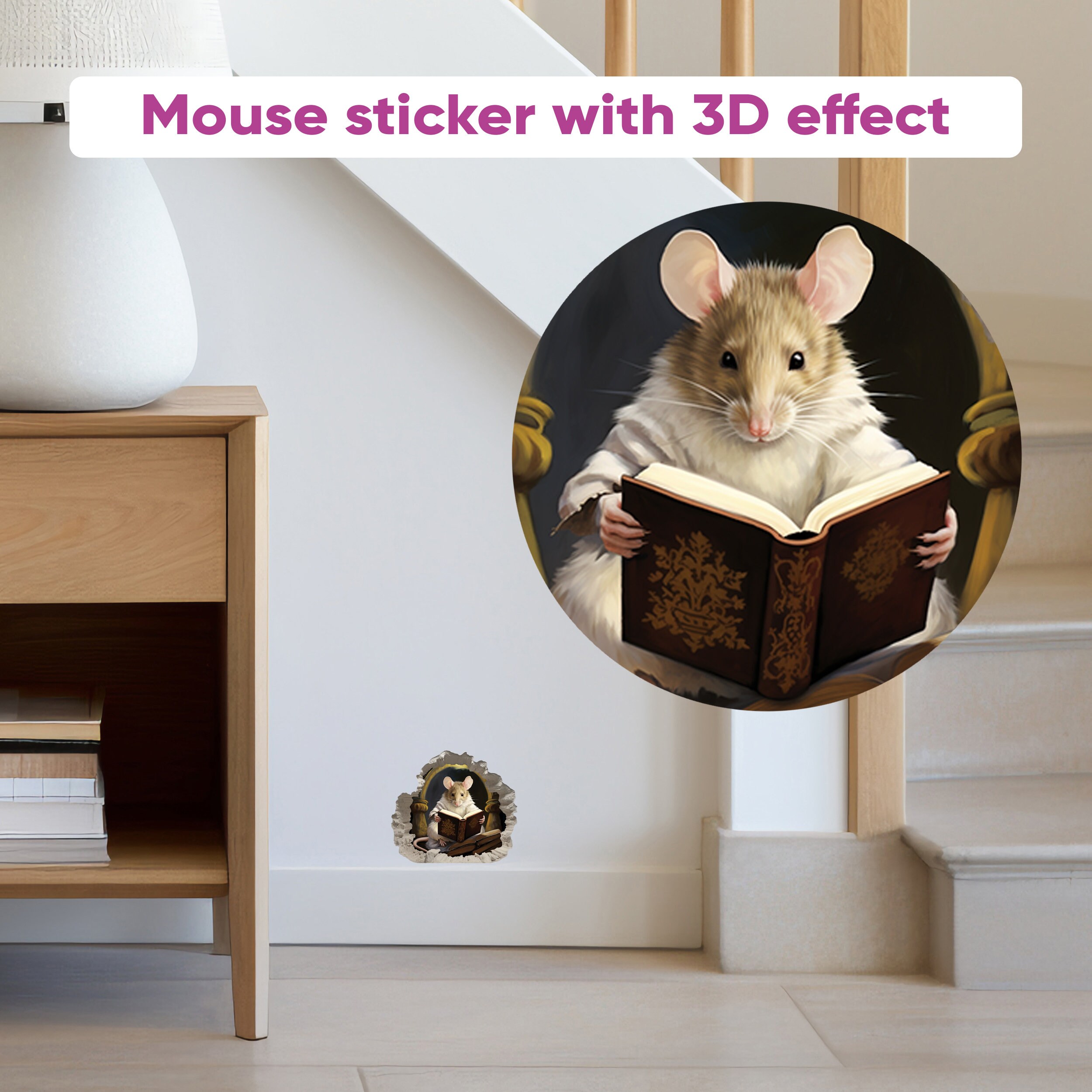Mouse in the Wall Decal Mouse Holding Book Sticker 3D Mouse Hole Wall ...