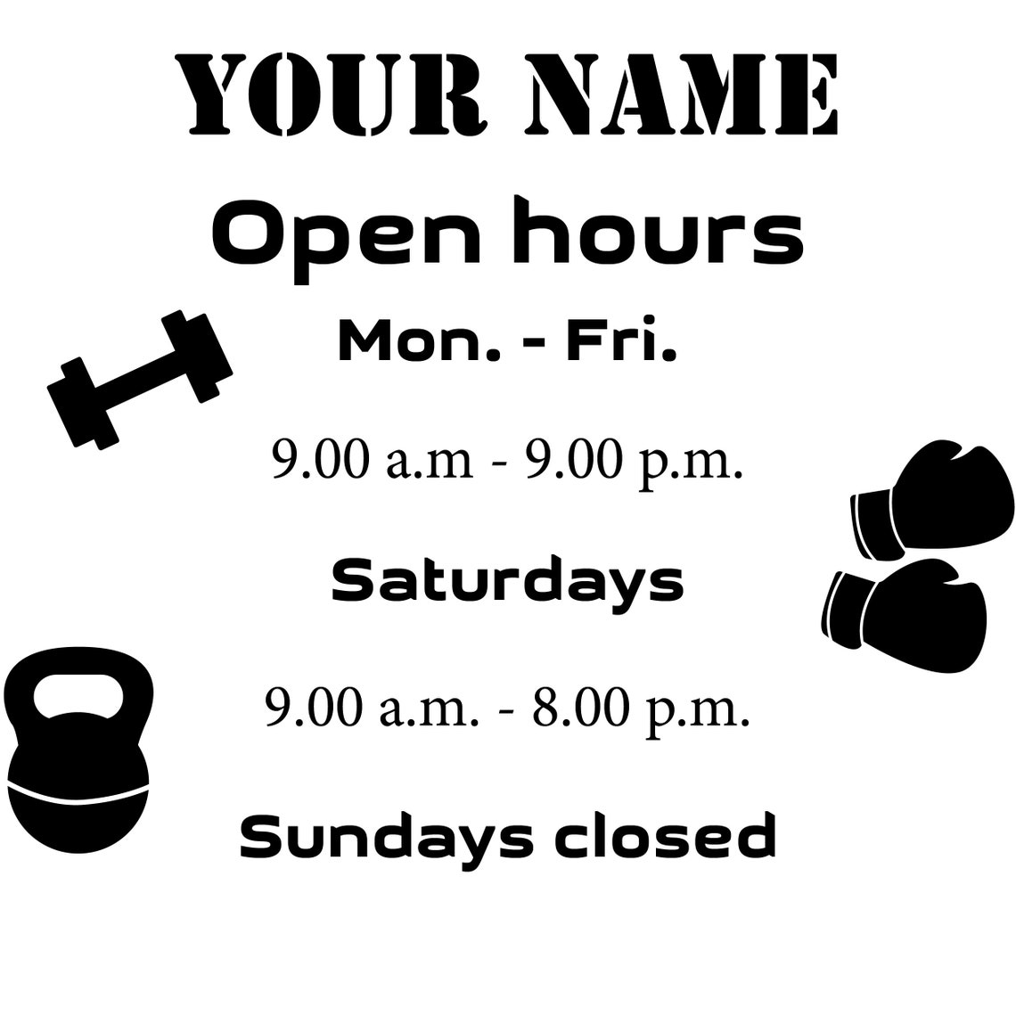 Gym Custom Business Sign With Sport Equipment Picture Gym Hours of ...