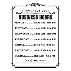 Hours Decal Business Restaurant Hours Decal Custom Storefront Decal ...