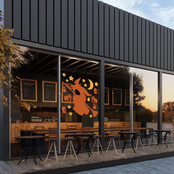 Witch on Broomstick in Night Sky for Halloween Window Shop - Etsy