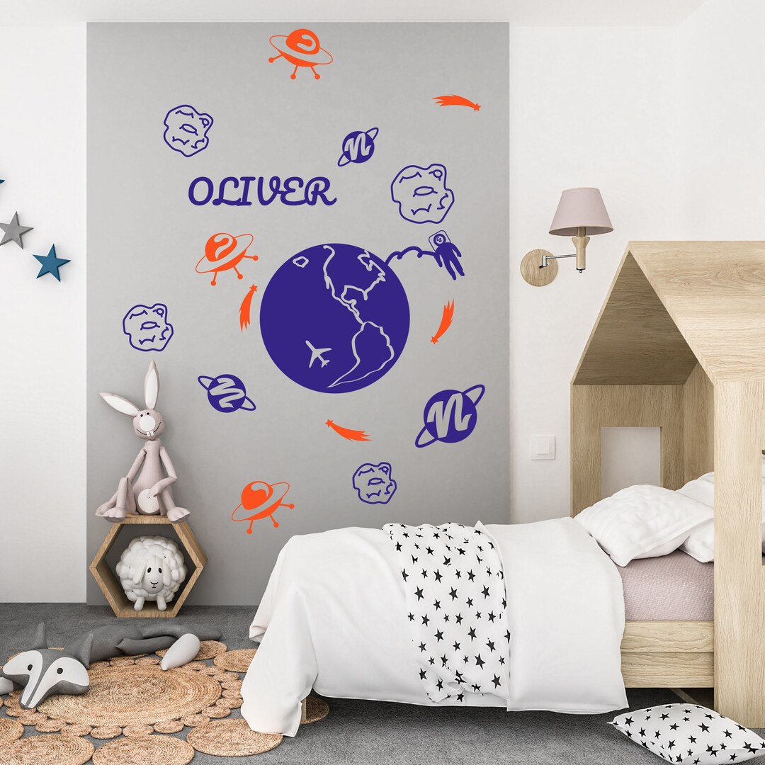 Space With Earth Drawing Name Wall Decals for Boys Earth With Planets ...