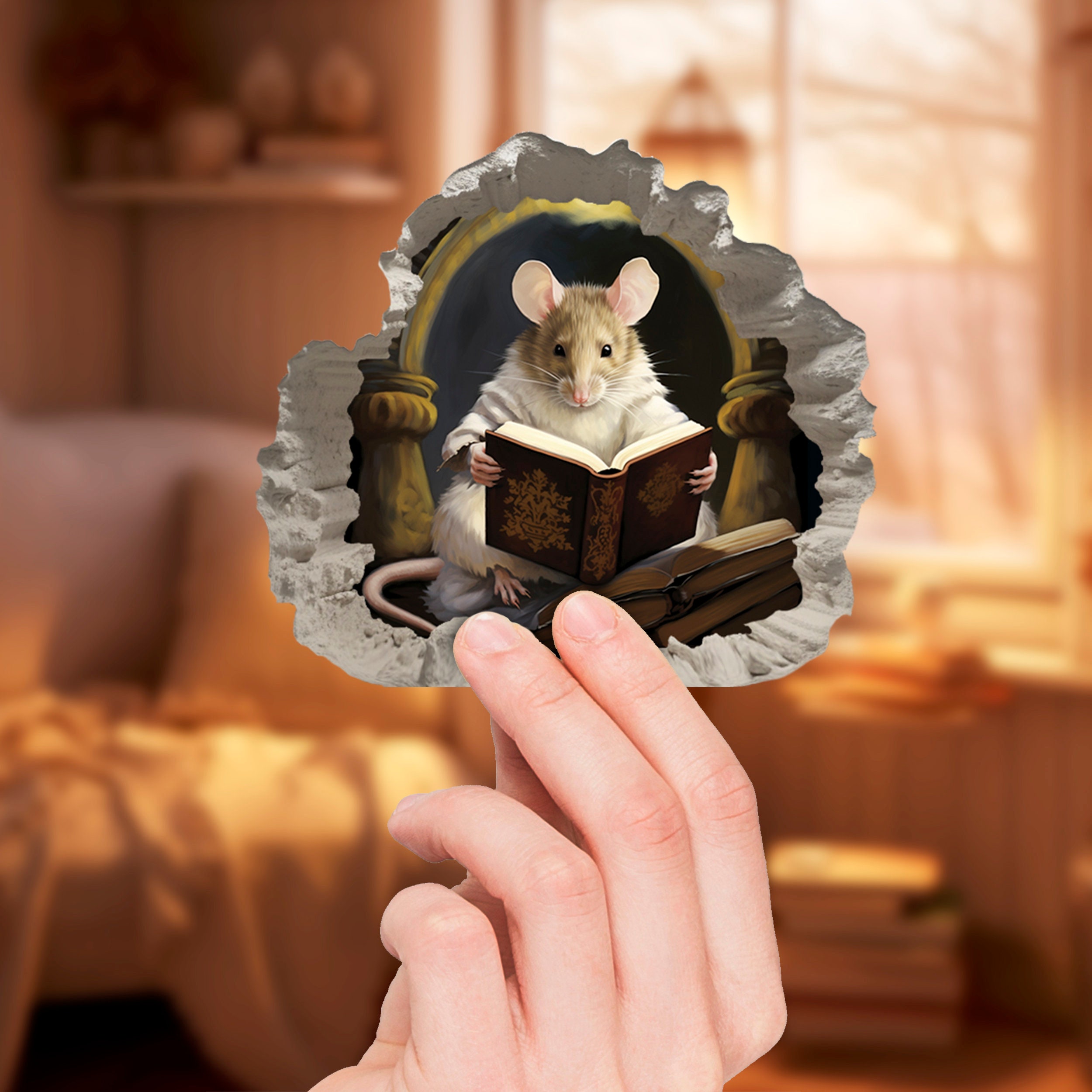 Mouse in the Wall Decal Mouse Holding Book Sticker 3D Mouse Hole Wall ...
