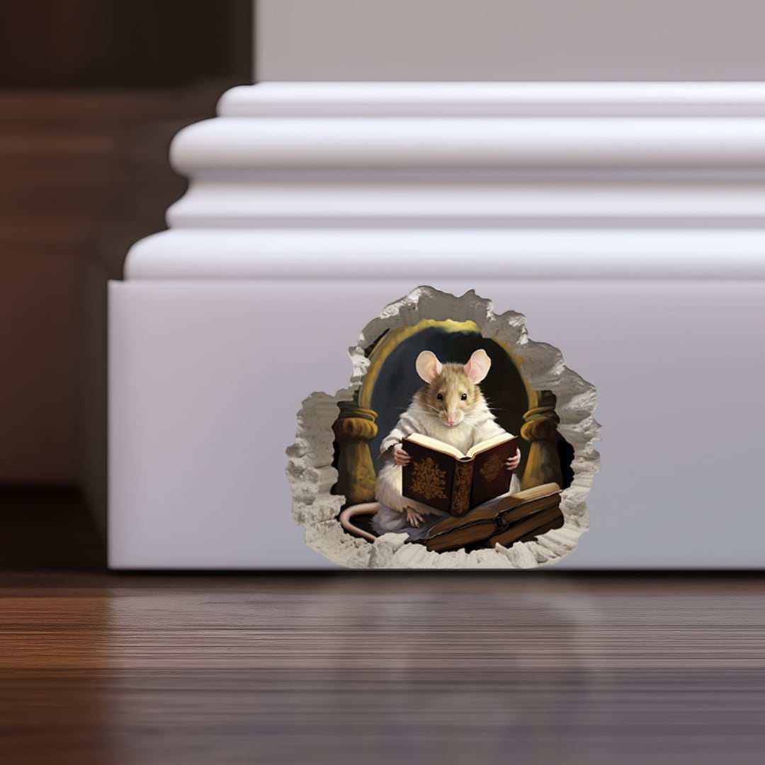 Mouse in the Wall Decal Mouse Holding Book Sticker 3D Mouse Hole Wall ...
