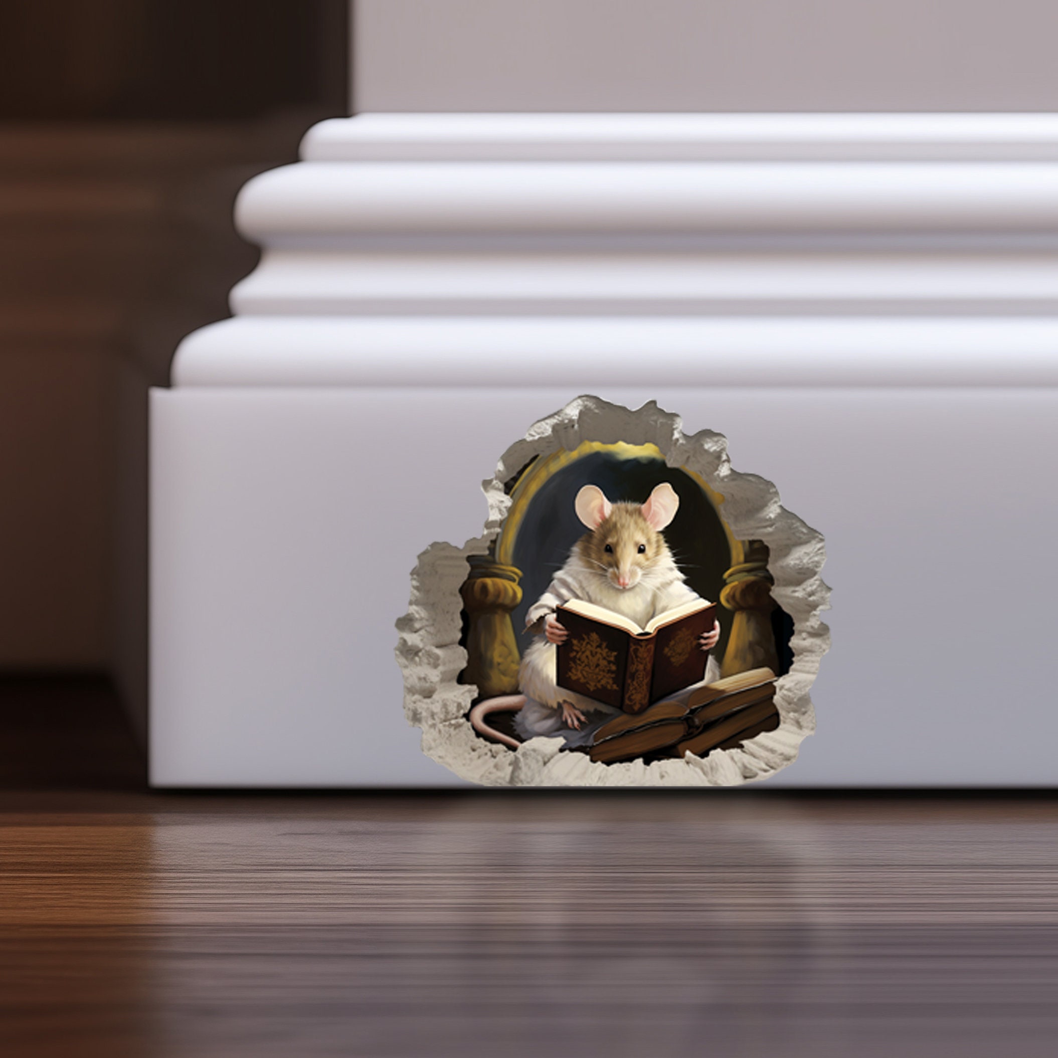 Mouse in the Wall Decal Mouse Holding Book Sticker 3D Mouse Hole Wall ...