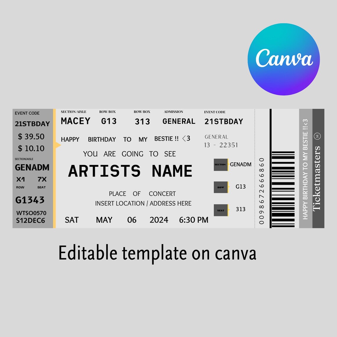 Ticketmaster Ticket | Concert Ticket Template | Surprise Concert Tickets | Birthday Gift ...