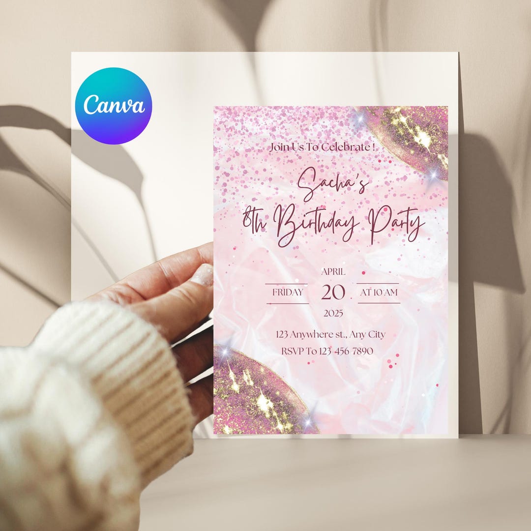 Editable Pink 8th Birthday Invitation Template Glitter Birthday Party ...