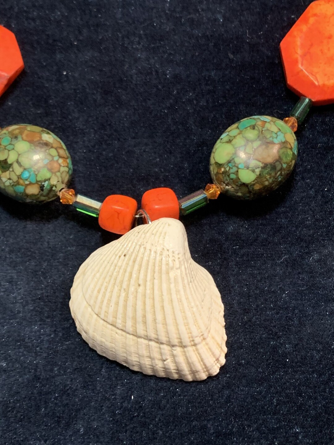 Smooth Tides Beaded Necklace, White Shell Pendant With Orange & Green ...
