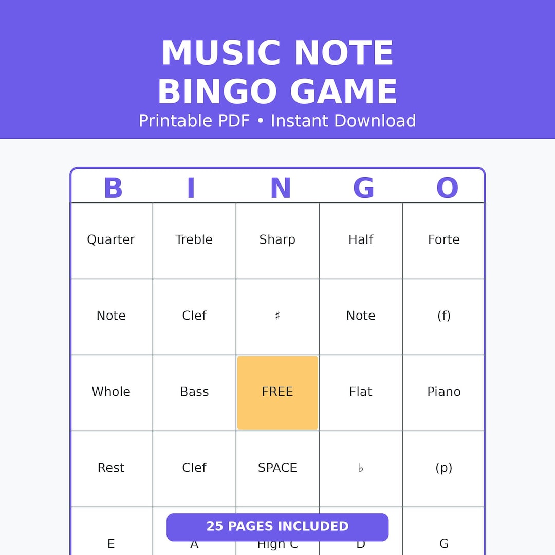 Music Note Bingo Game Printable, Music Theory Game for Kids, Piano ...