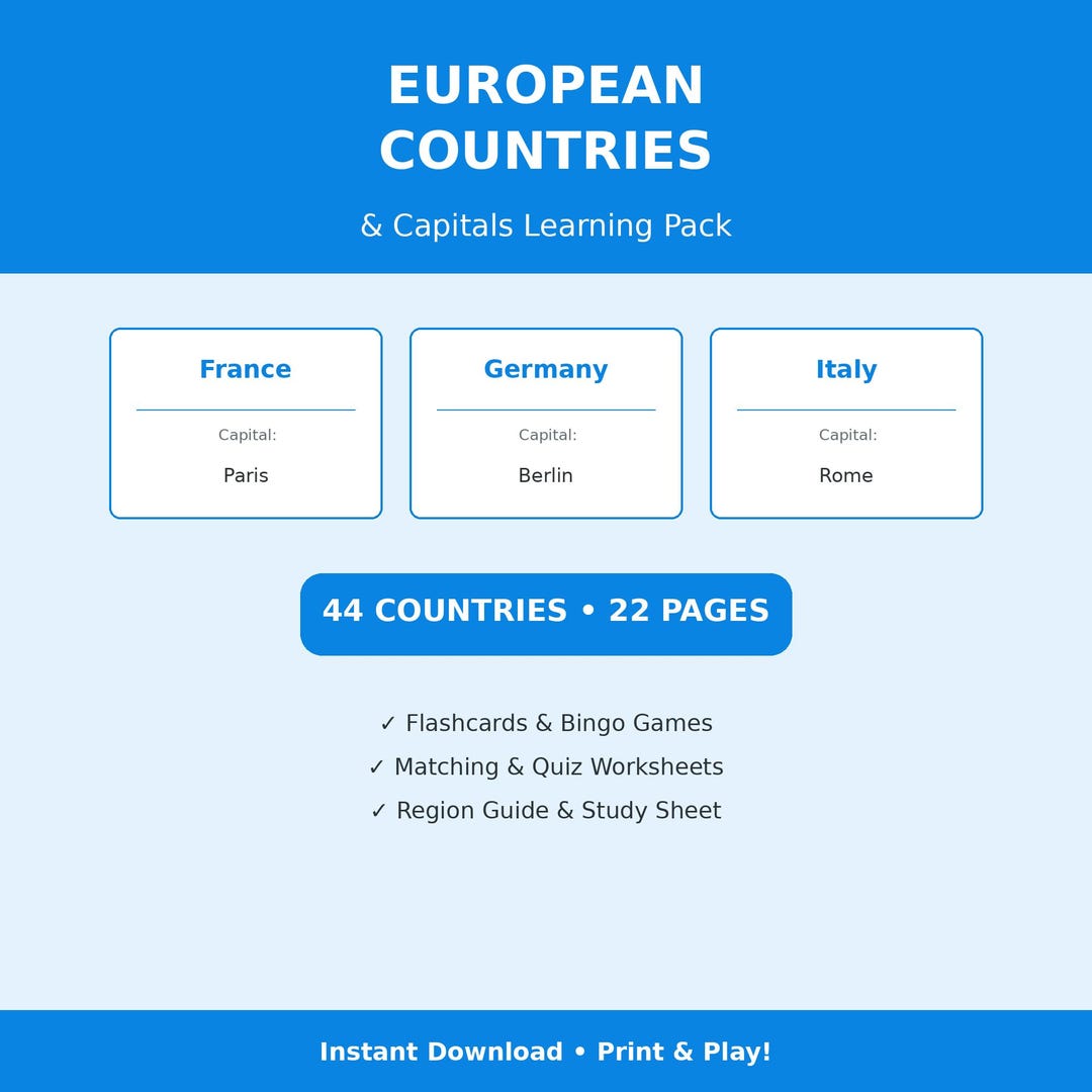 European Countries Capitals Printable Flashcards Geography Bingo Game ...