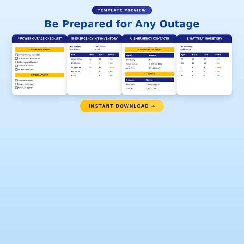 Power Outage Checklist Bundle, Emergency Prep, Excel & PDF (digital ...