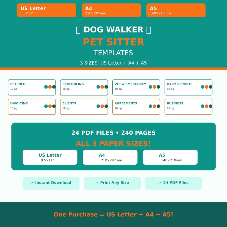 Dog Walker Pet Sitter Planner | All Sizes US Letter A4 A5 |pet Info ...