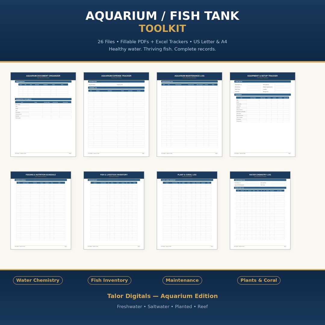 Aquarium Fish Tank Toolkit | Fillable PDF + Excel | Water Chemistry Log ...