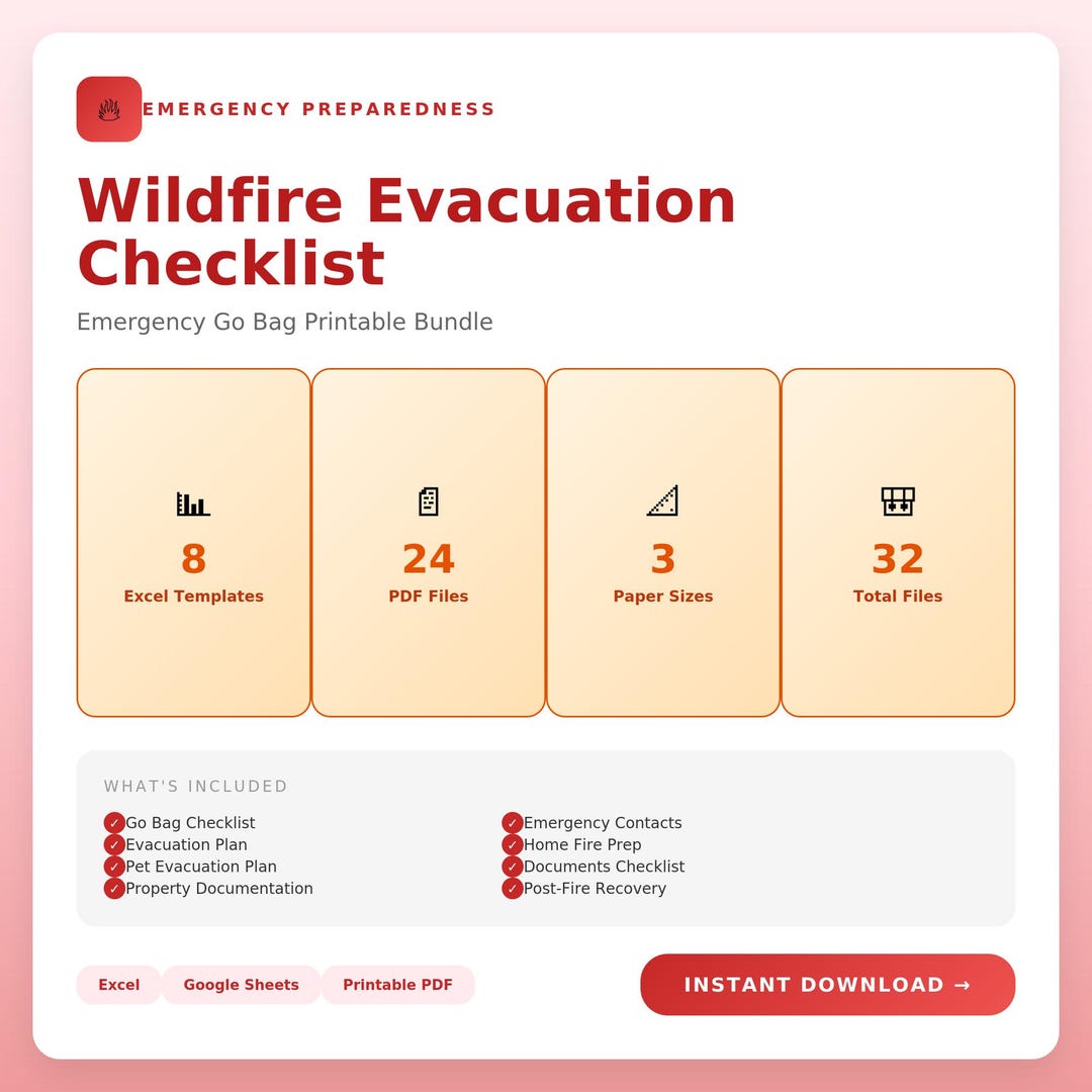 Wildfire Evacuation Checklist, Emergency Go Bag, Excel + PDF (digital ...