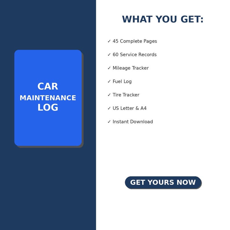Car Maintenance Log Printable, Vehicle Service Record, Mileage Tracker ...