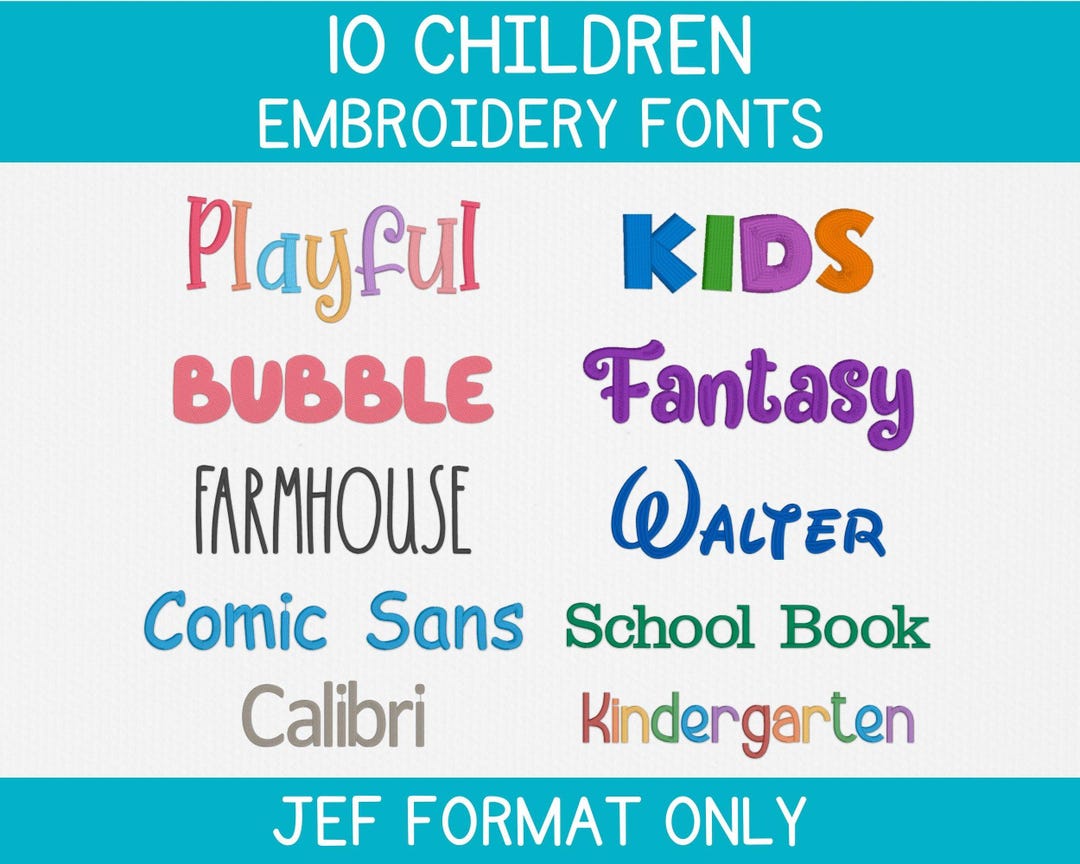 10 Children Embroidery Fonts Bundle - JEF Format - Kids Alphabet ...