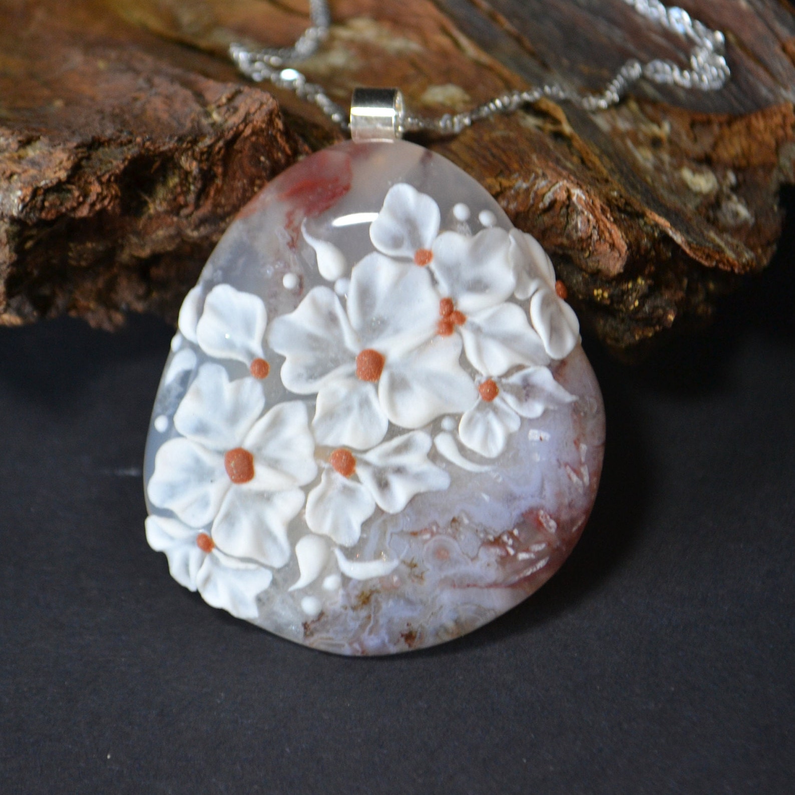 Hand Sculpted White Flowers Agate Pendant Necklace, Handcrafted Artisan ...