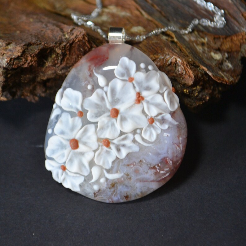 Hand Sculpted White Flowers Agate Pendant Necklace, Handcrafted Artisan ...