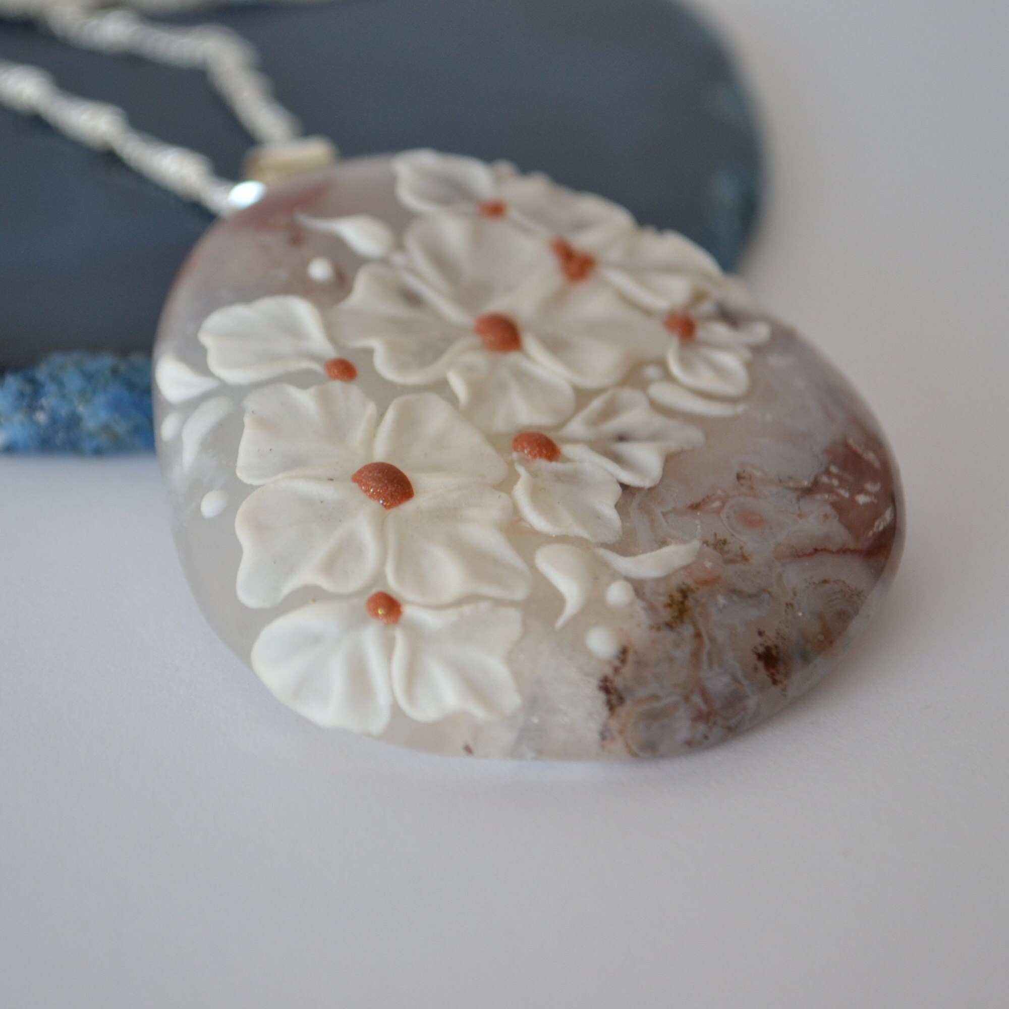 Hand Sculpted White Flowers Agate Pendant Necklace, Handcrafted Artisan ...