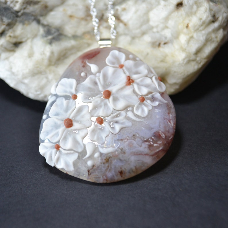 Hand Sculpted White Flowers Agate Pendant Necklace, Handcrafted Artisan ...