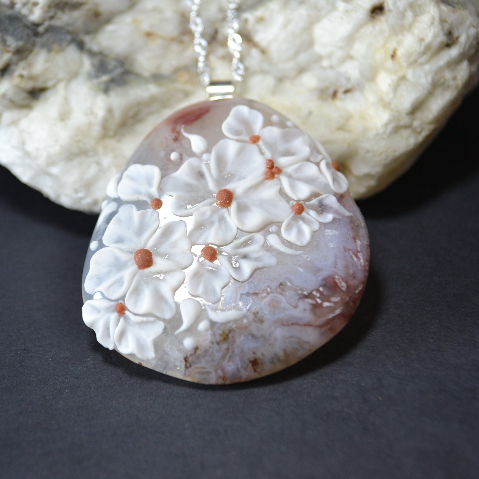 Hand Sculpted White Flowers Agate Pendant Necklace, Handcrafted Artisan ...