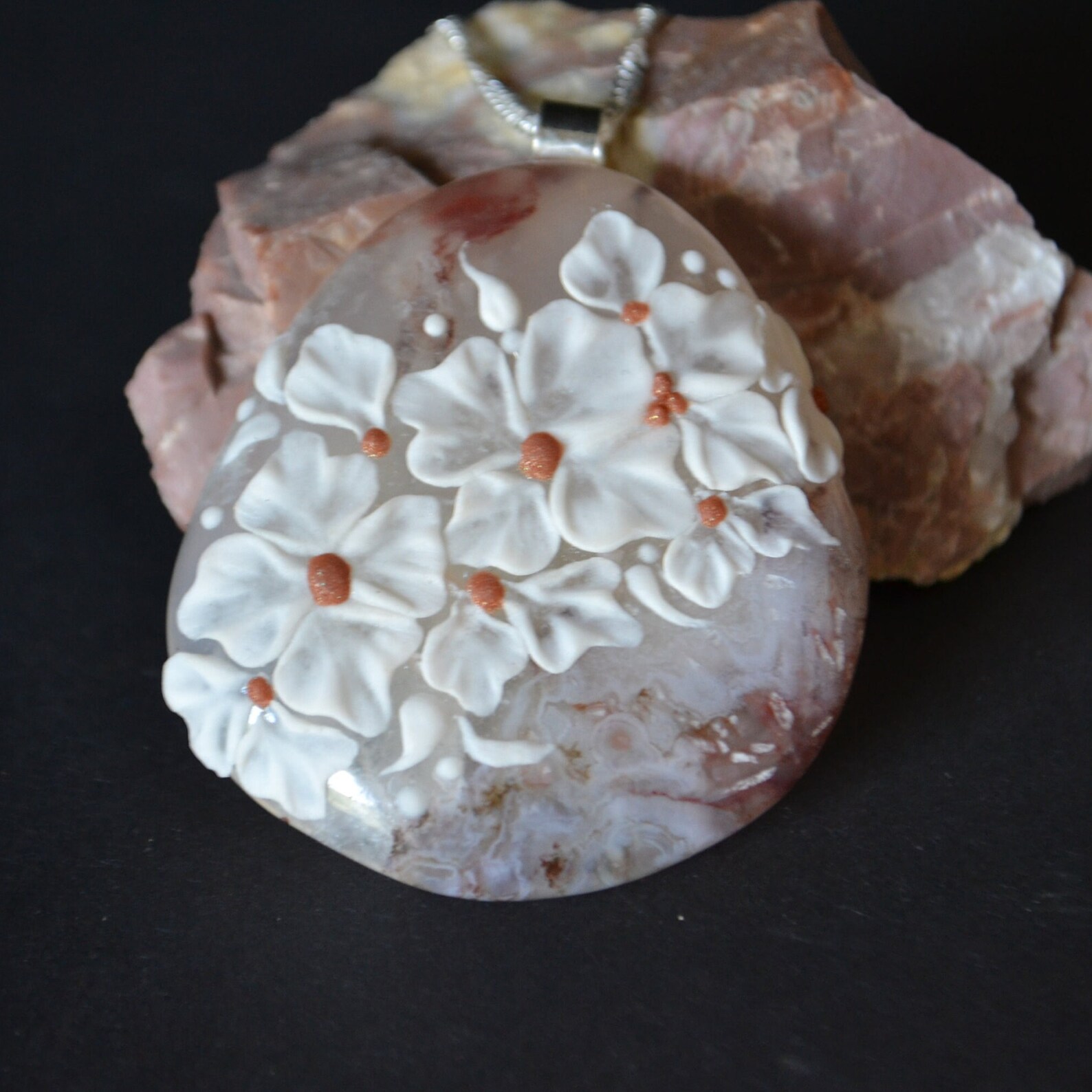 Hand Sculpted White Flowers Agate Pendant Necklace, Handcrafted Artisan ...