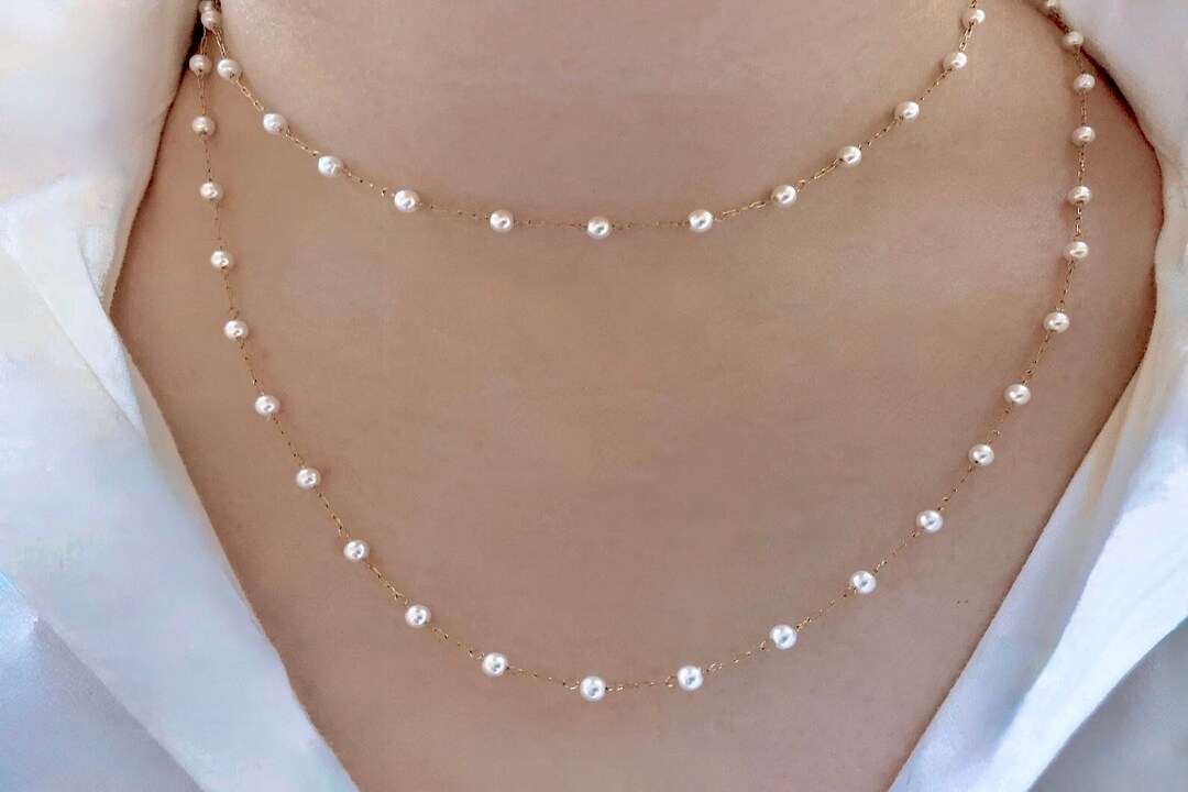 18k Gold Pearl Necklace, Dainty Waterproof Pearl Necklace, Tiny Pearl ...