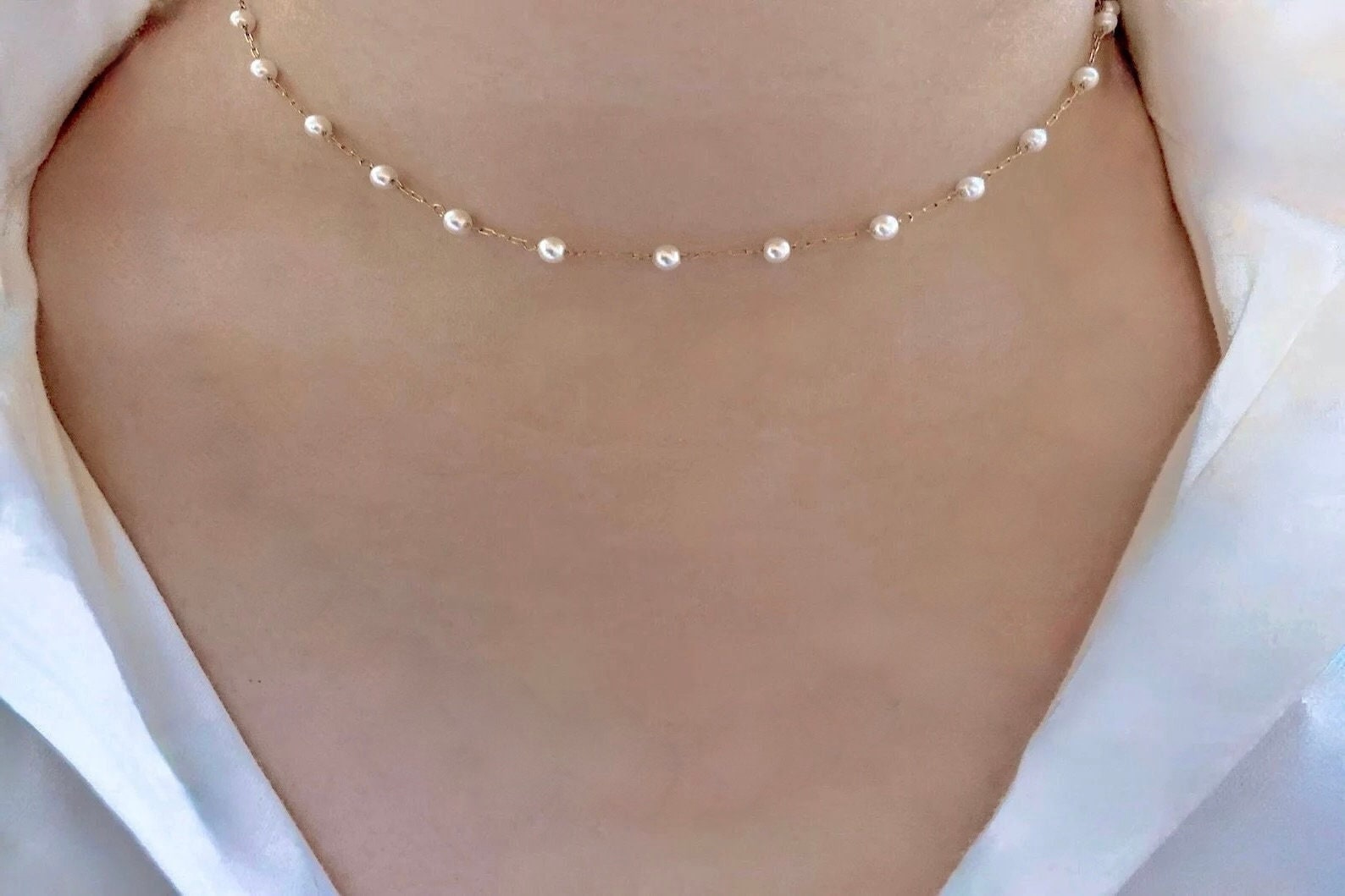 18k Gold Pearl Necklace Dainty Waterproof Pearl Necklace - Etsy