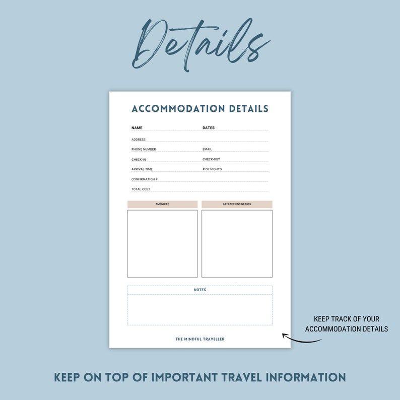 Accommodation Planner Printable, Digital Travel Itinerary ...