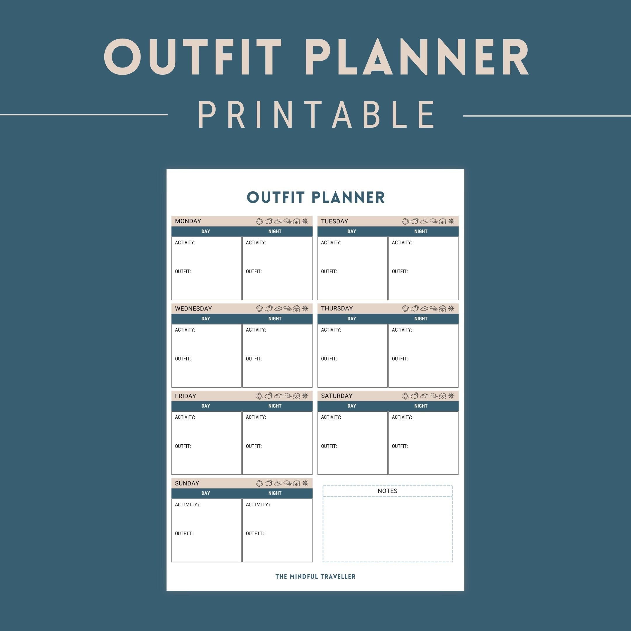 Outfit Planner Printable, Vacation Outfit Weekly Tracker, Travel ...