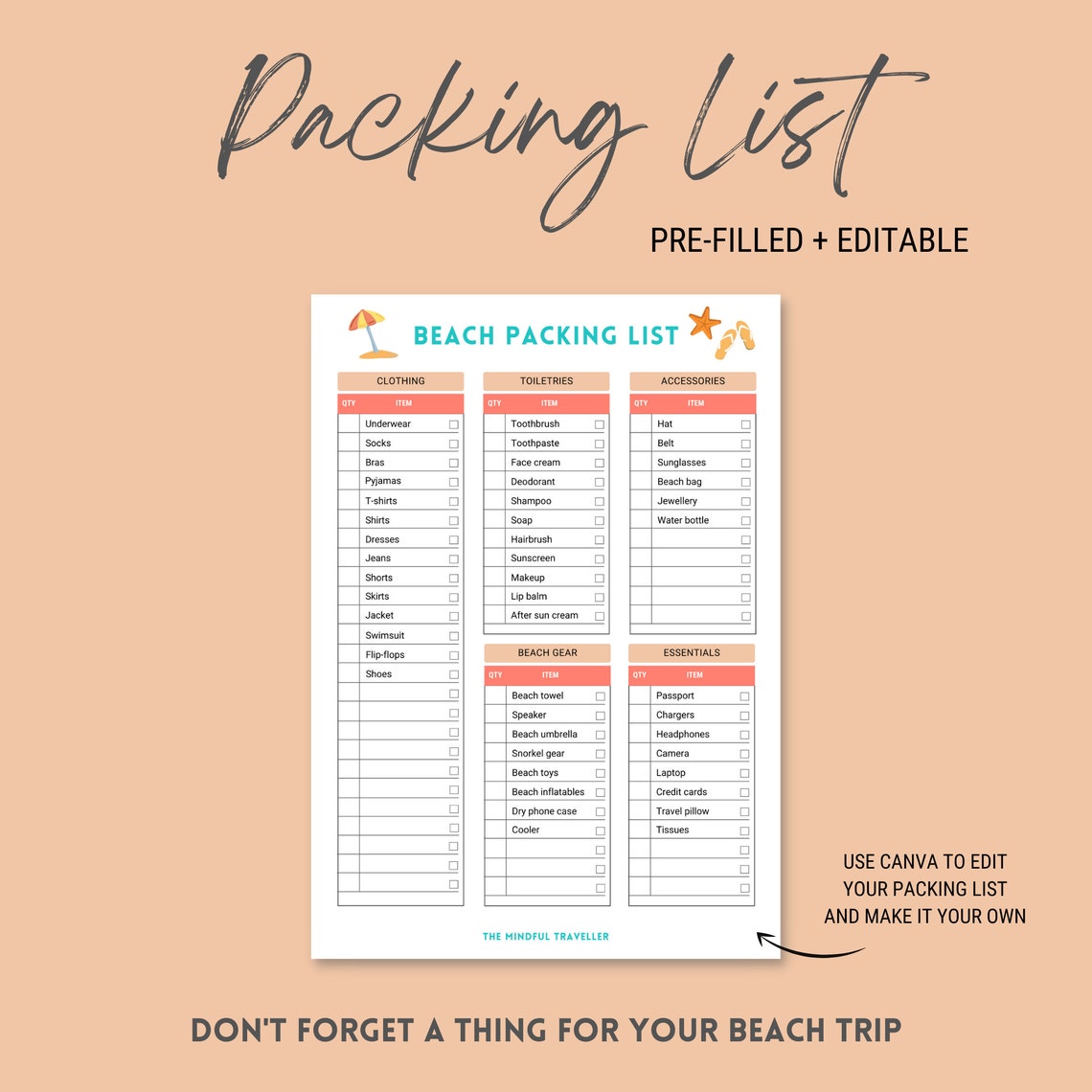 Beach Packing List, Editable Canva Template, Digital Summer Vacation ...