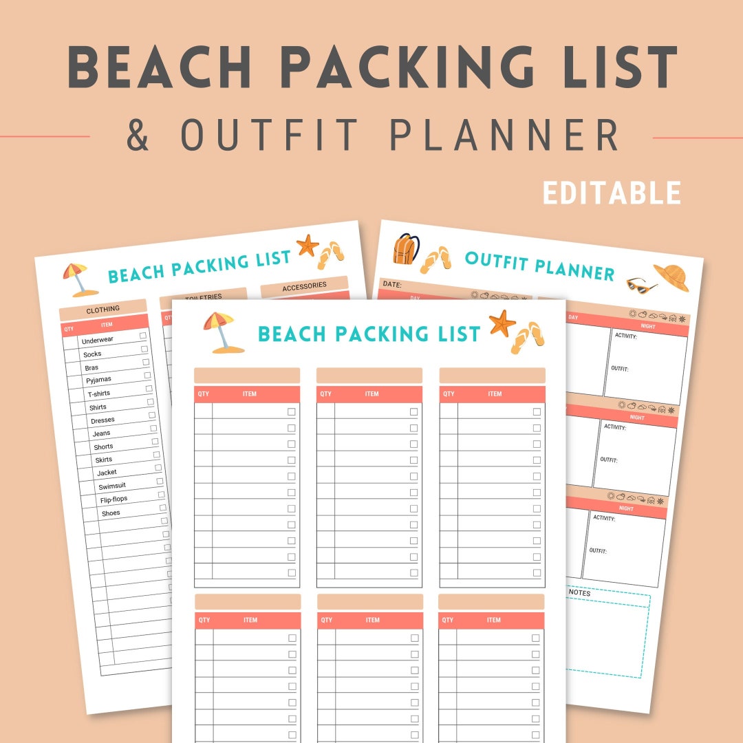 Beach Packing List, Editable Canva Template, Digital Summer Vacation ...