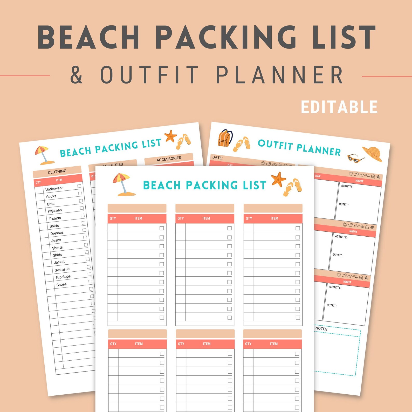 Beach Packing List, Editable Canva Template, Digital Summer Vacation ...
