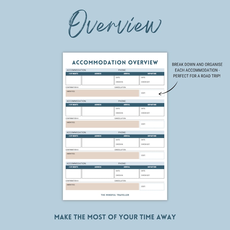 Accommodation Planner Printable, Digital Travel Itinerary ...