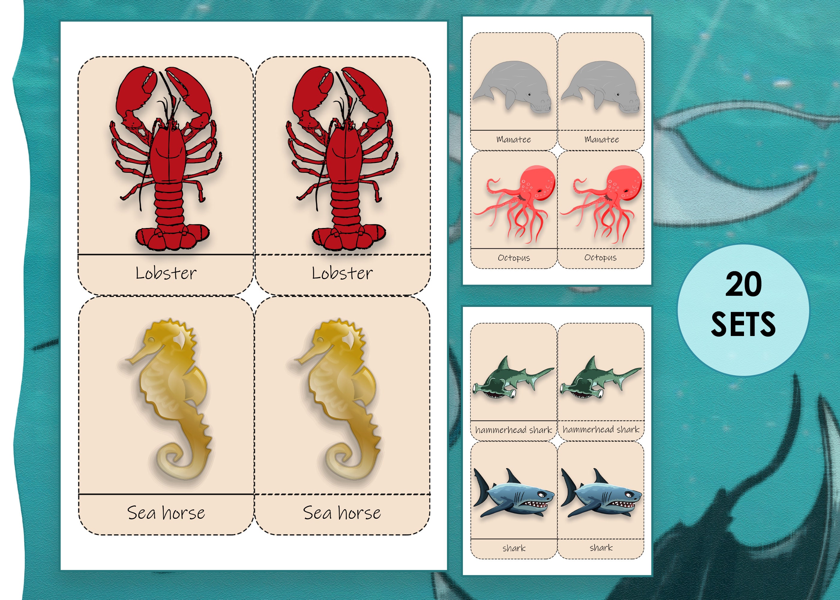 SEA ANIMALS Montessori Matching Cards, Kid Flashcards - Etsy