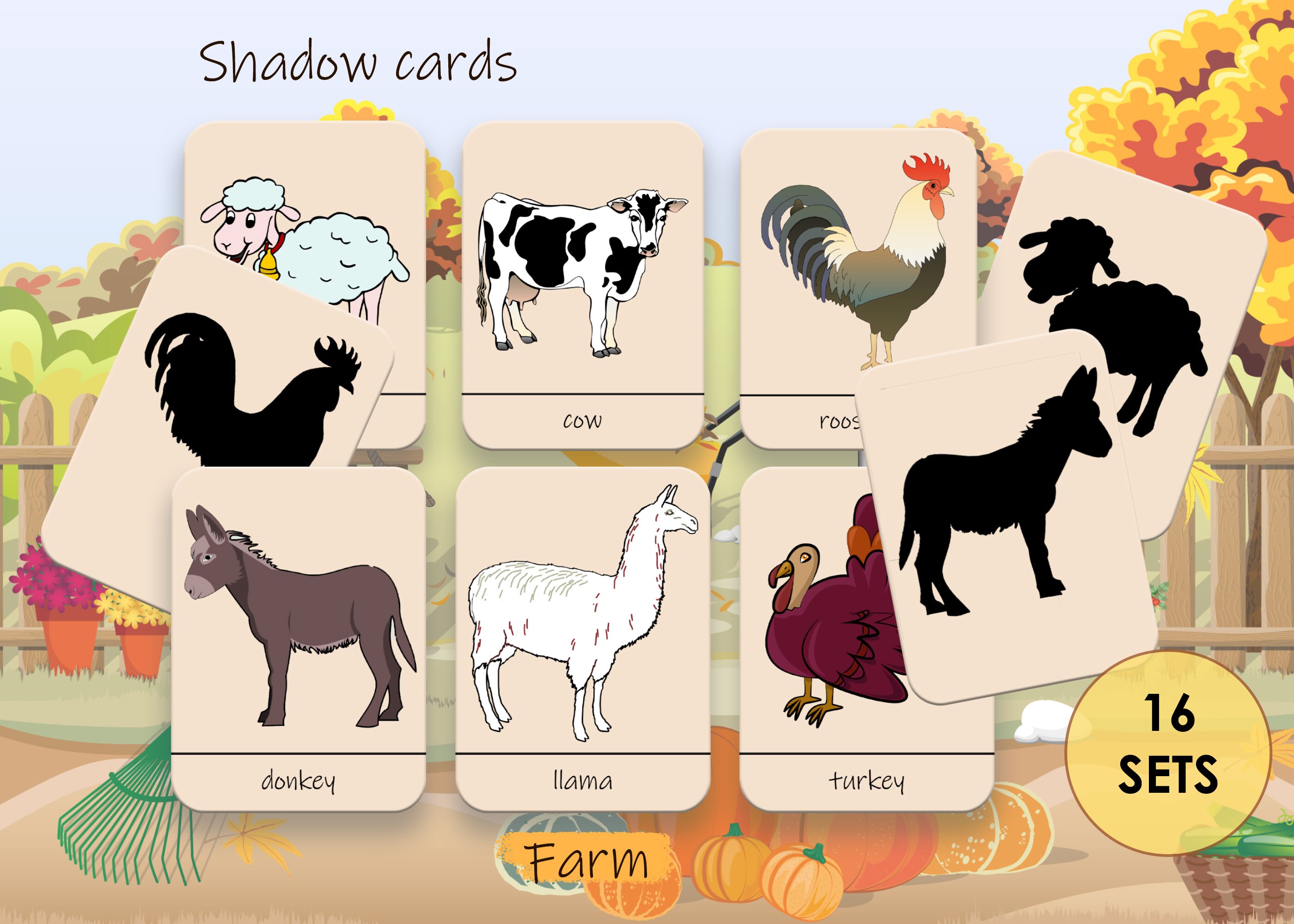 FARM Montessori SHADOW Matching Cards, Preschool Printables - Etsy