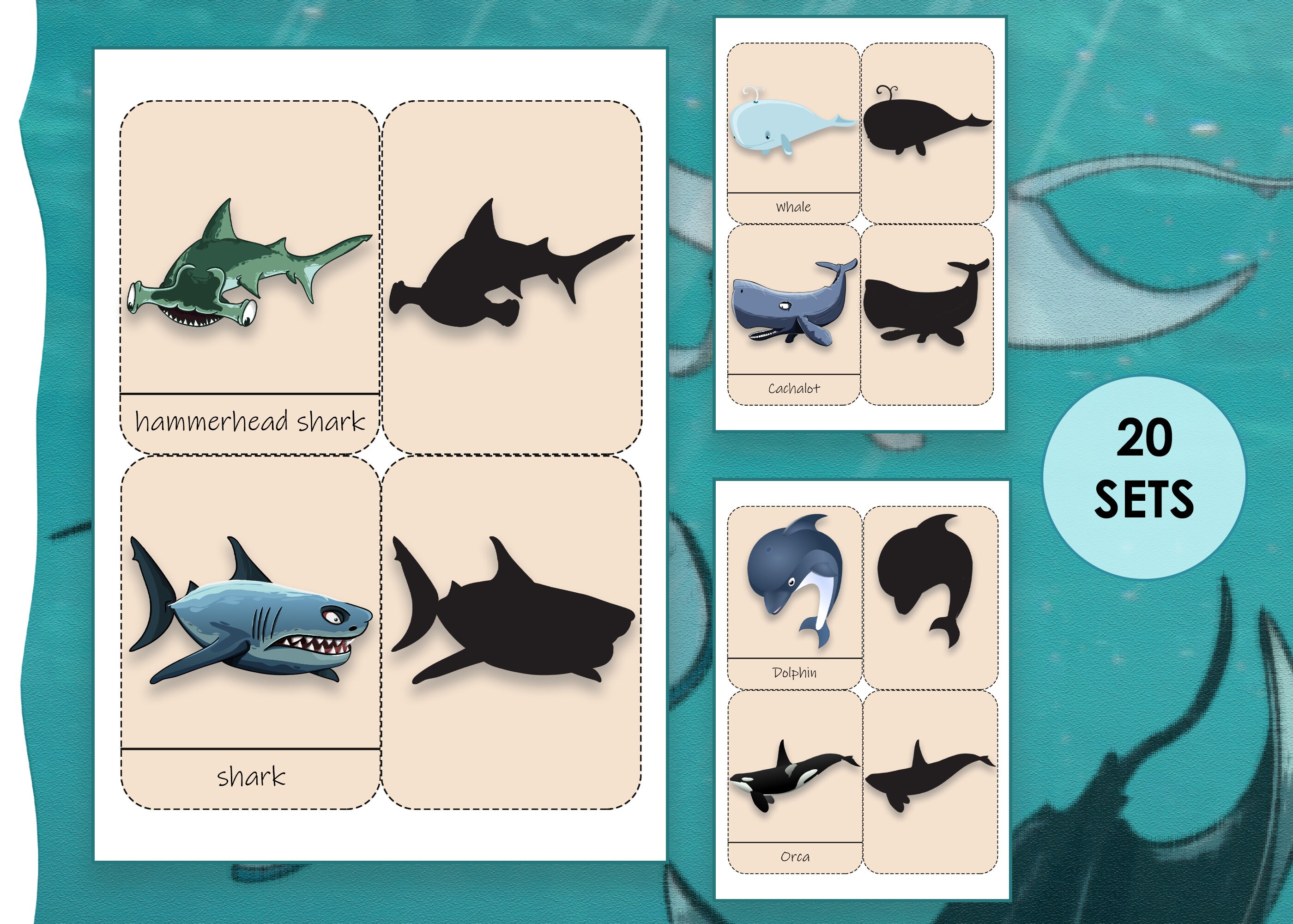 SEA ANIMAL Shadow Matching Game, Printable Flashcards - Etsy