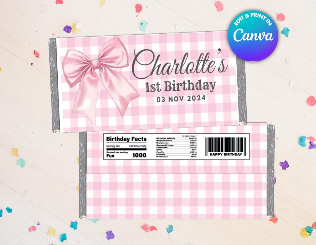 Pink Bow Candy Bar Template. Coquette Bow. EDIT Yourself in CANVA ...
