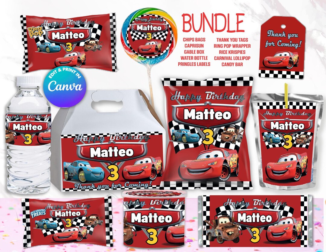 BUNDLE CARS Chips Bag, Juice Labels, Water Bottle Labels, Etc, Edit ...