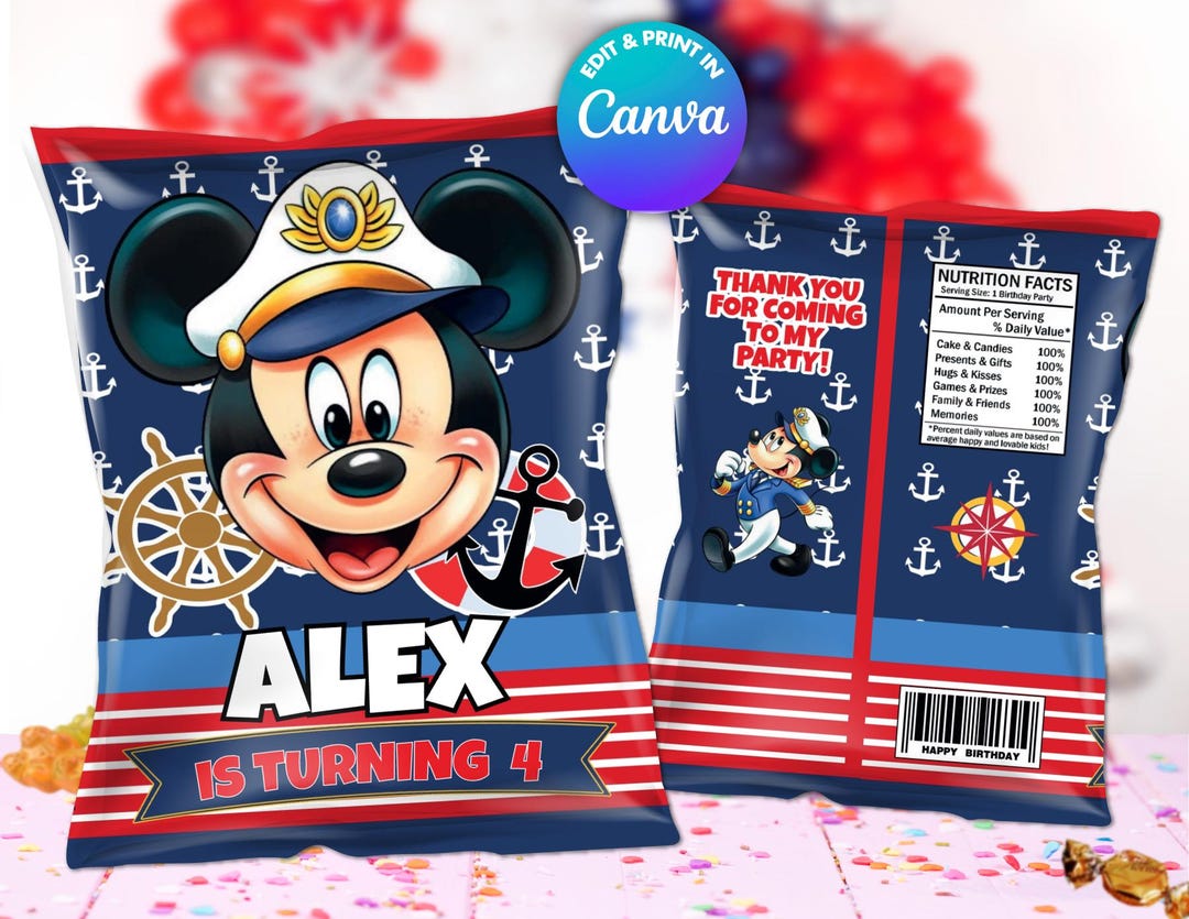 Sailor Mickey Chips Bag Template, EDIT Yourself in CANVA. Party Kit ...