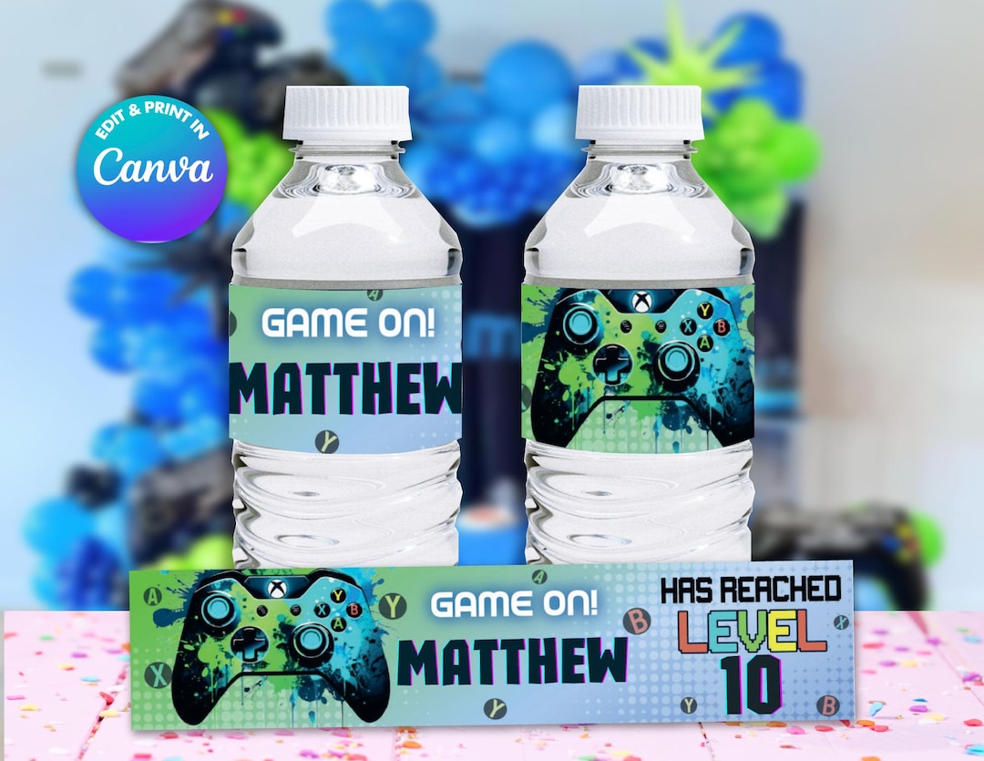 GAMER WATER Bottles Template, Edit Yourself in CANVA. Party Kit. Online ...