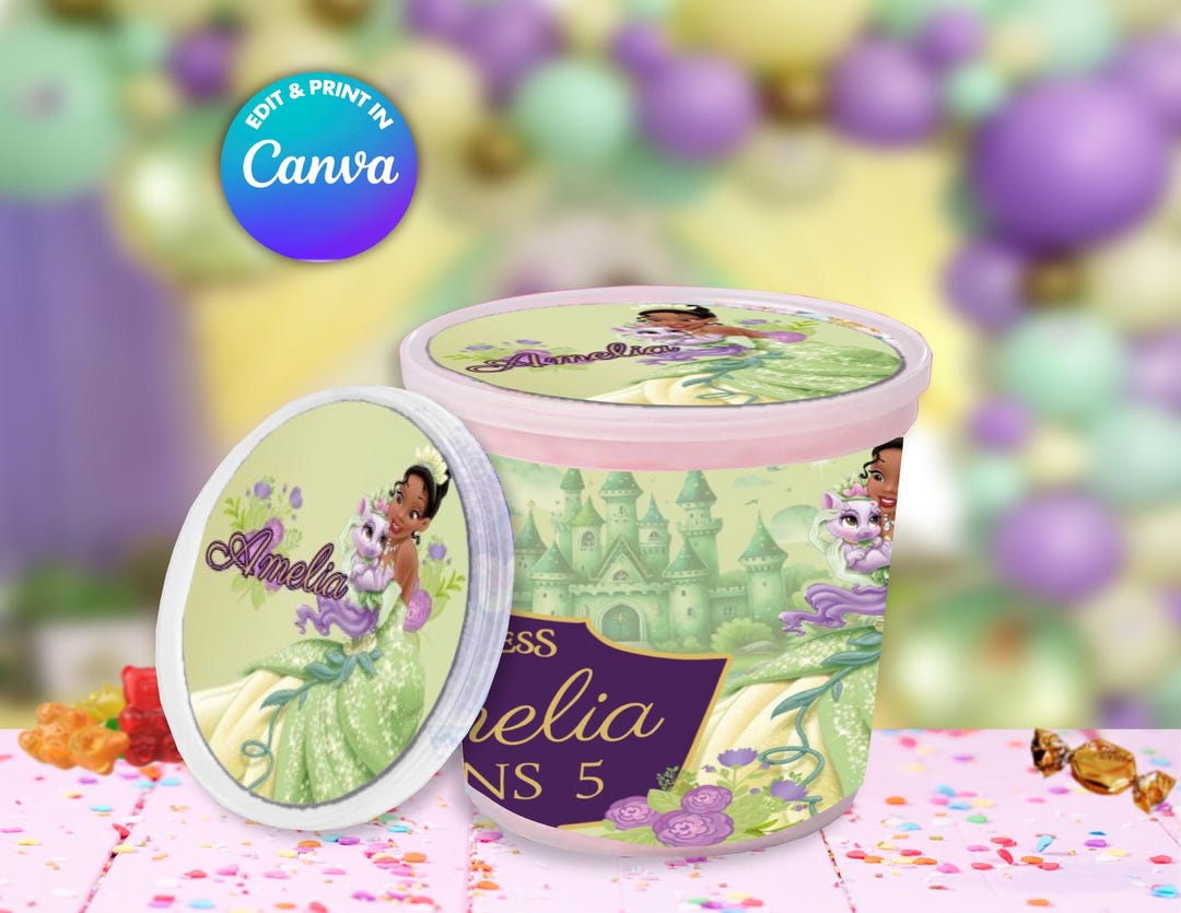 Princess Tiana Cotton Candy Template, EDIT Yourself in CANVA. Party Kit ...