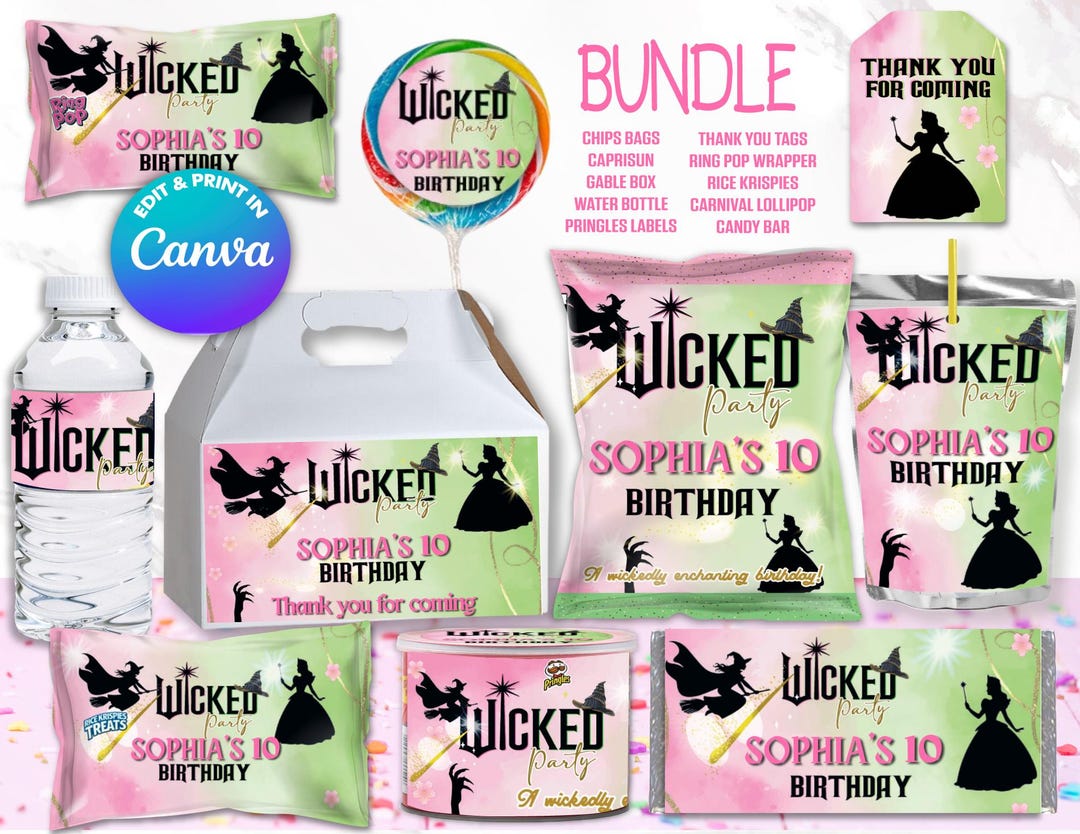 Birthday BUNDLE WICKED Templates. Edit Yourself in CANVA. Party Kit. 10 ...