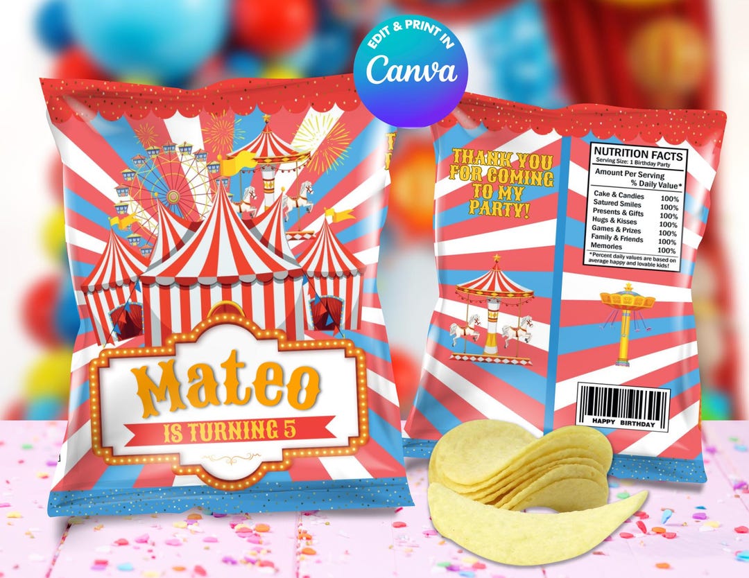 CARNIVAL Circus Chips Bags Template, Edit Yourself in CANVA. Party Kit ...