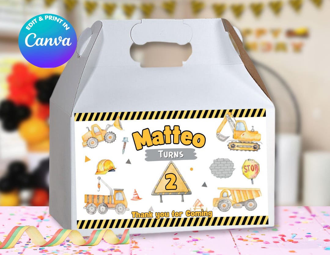 CONSTRUCTION Gable Box Template, Edit Yourself in CANVA. Party Kit ...