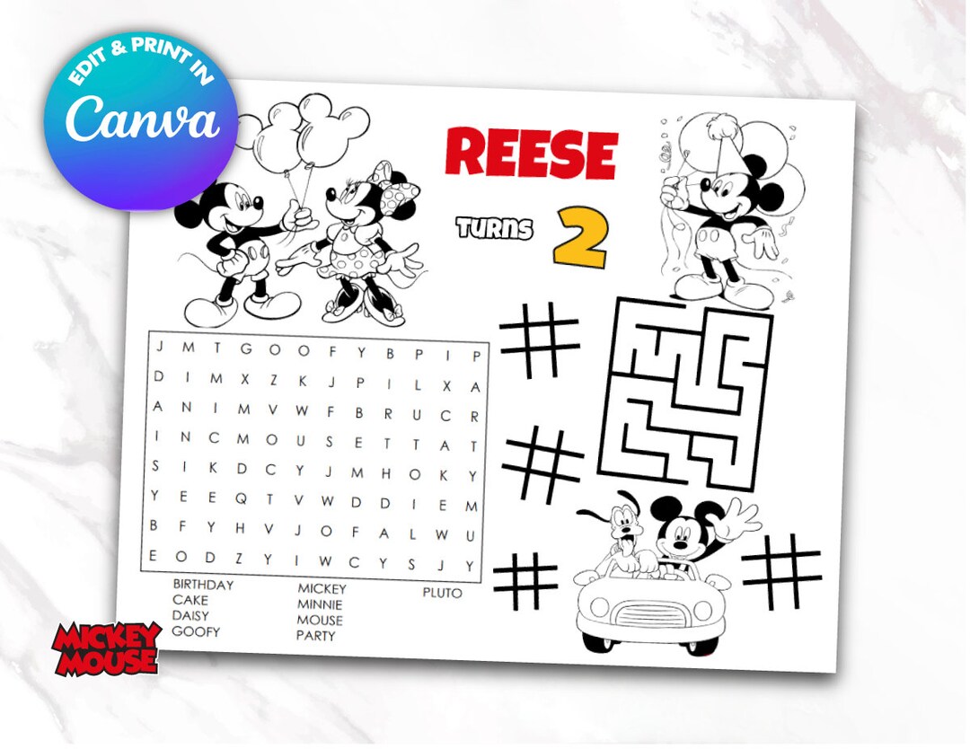 Mickey ACTIVITY SHEET, Edit Yourself in CANVA. Party Kit. Online ...