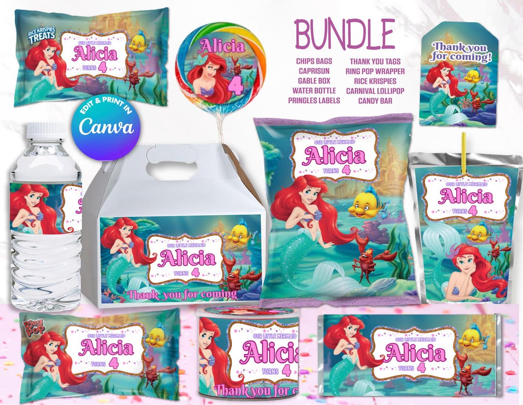 BUNDLE Little MERMAID Ariel Chips Bag, Juice Labels, Water Bottle ...