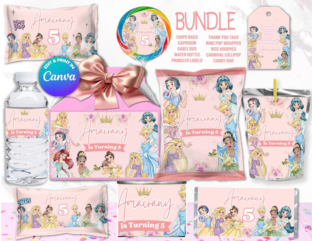 BUNDLE PRINCESS Chips Bag, Juice Bags, Etc, Edit Yourself in CANVA ...