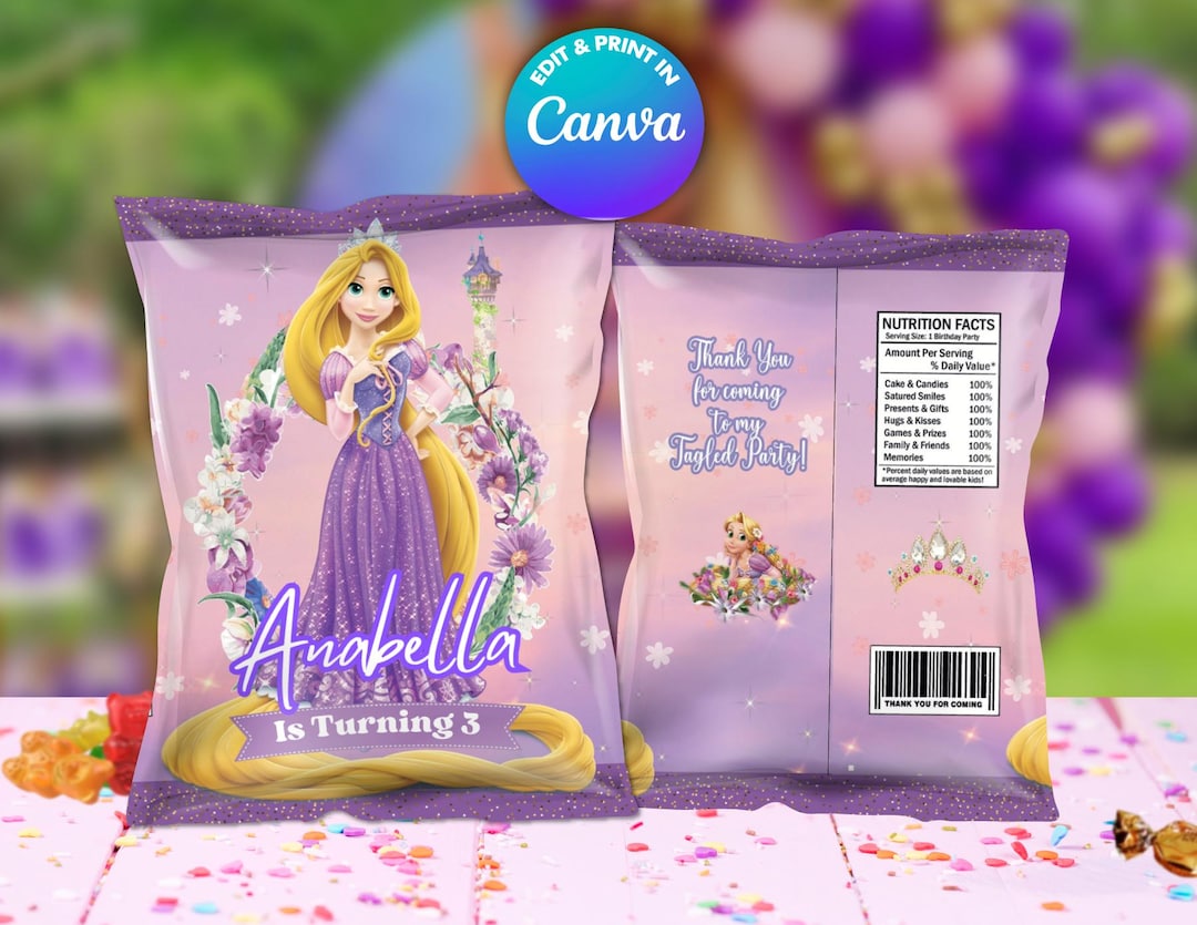 Tangled Rapunzel Chips Bags Template, Edit Yourself in CANVA. Party Kit ...